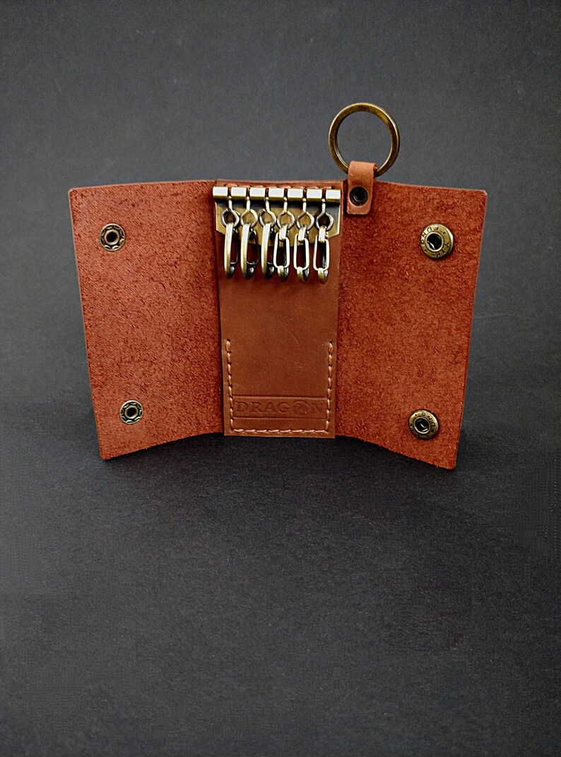 HANDMADE Cognac Leather Key Holder With Secret Pocket for RFID Key Fob ...