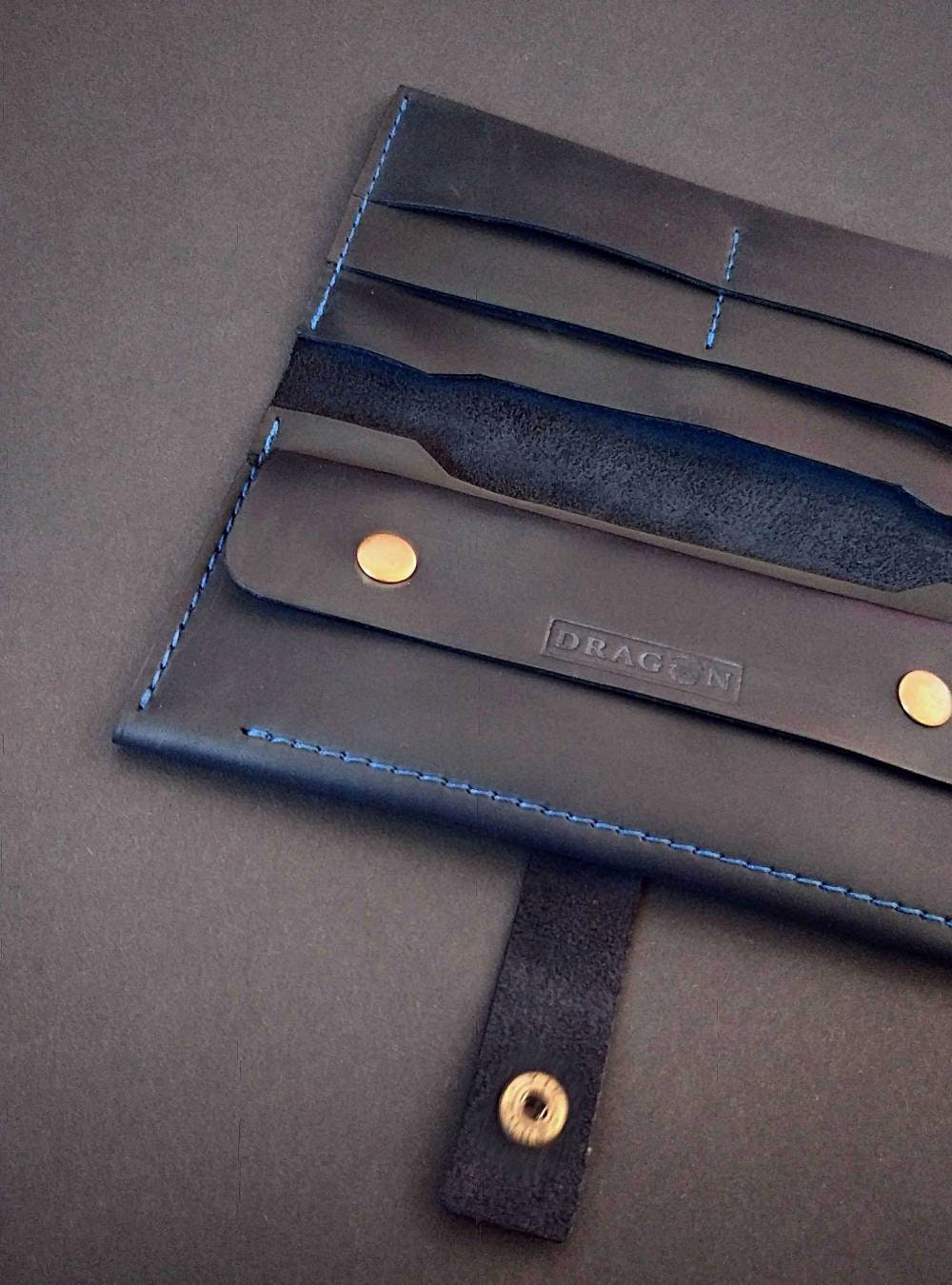 HANDMADE Blue Vertical Wallet Minimalist | Long Leather Card Case ...