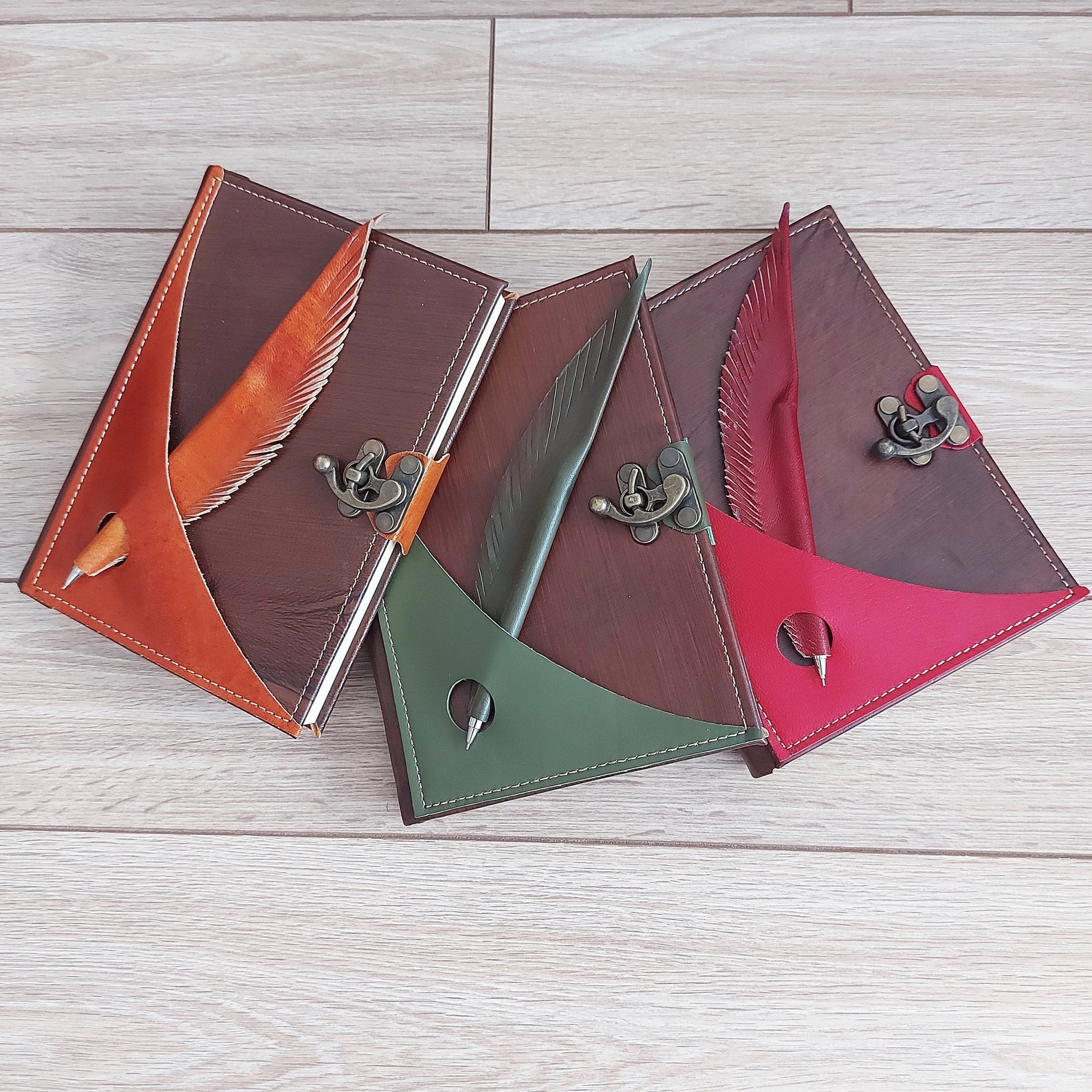 Leather Notebook Feather Figured Leather Covered Pen 9x6.7 in - Etsy