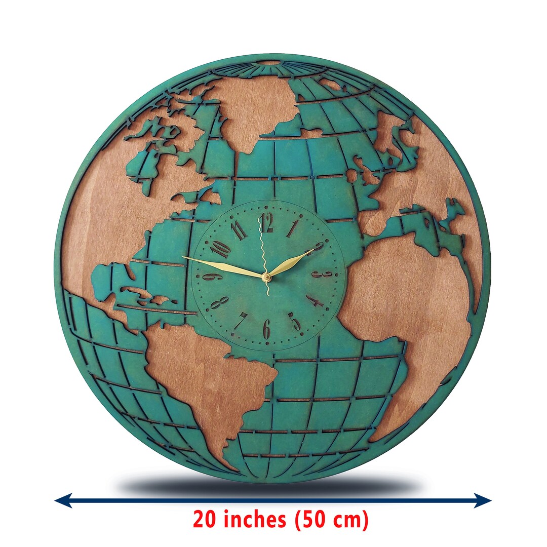 World Map Wall Clock, Large Wooden Wall Clock, 20 Inches 50 Cm Modern ...