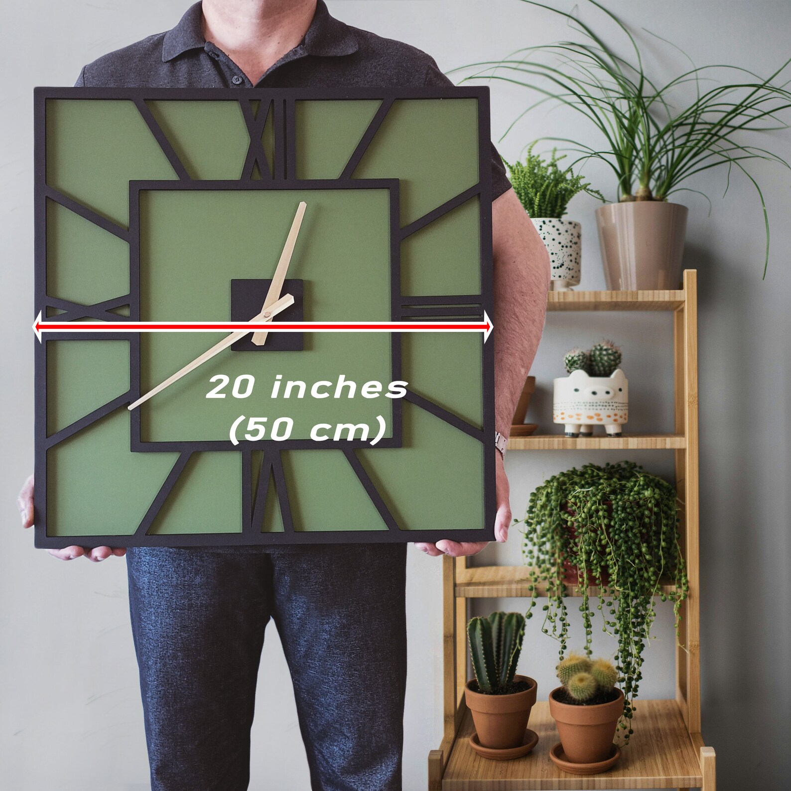 Green Large Square Analog Wall Clock, Roman Numeral Large Wooden Wall ...