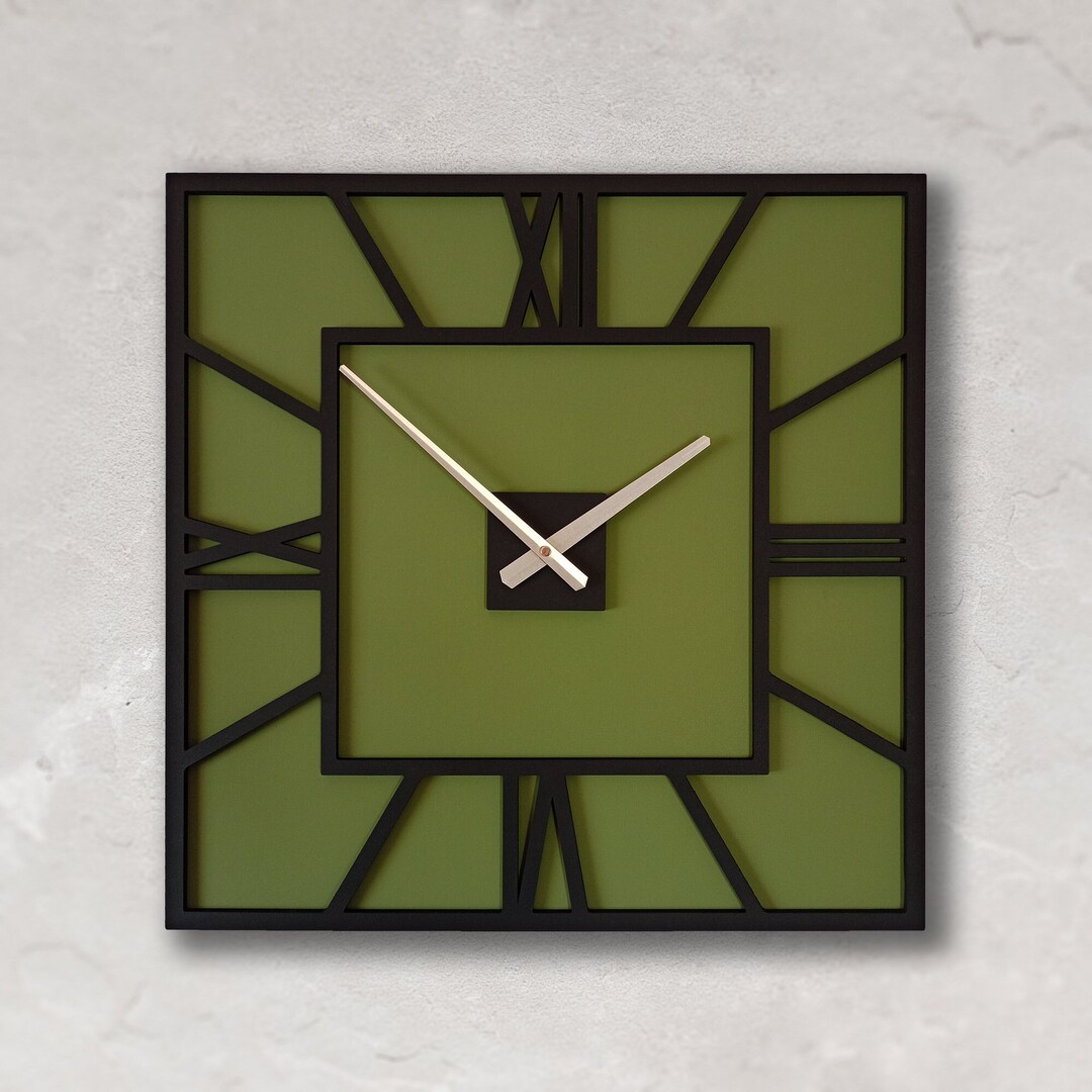 Green Large Square Analog Wall Clock, Roman Numeral Large Wooden Wall ...