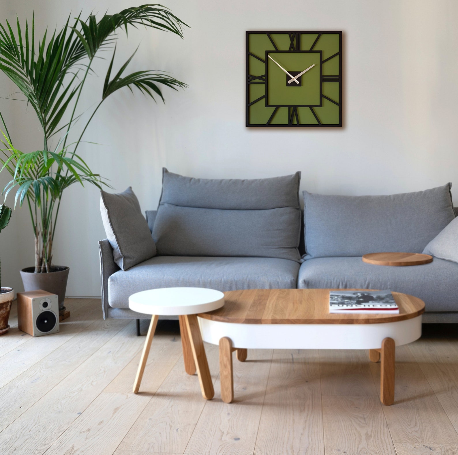 Green Large Square Analog Wall Clock, Roman Numeral Large Wooden Wall ...