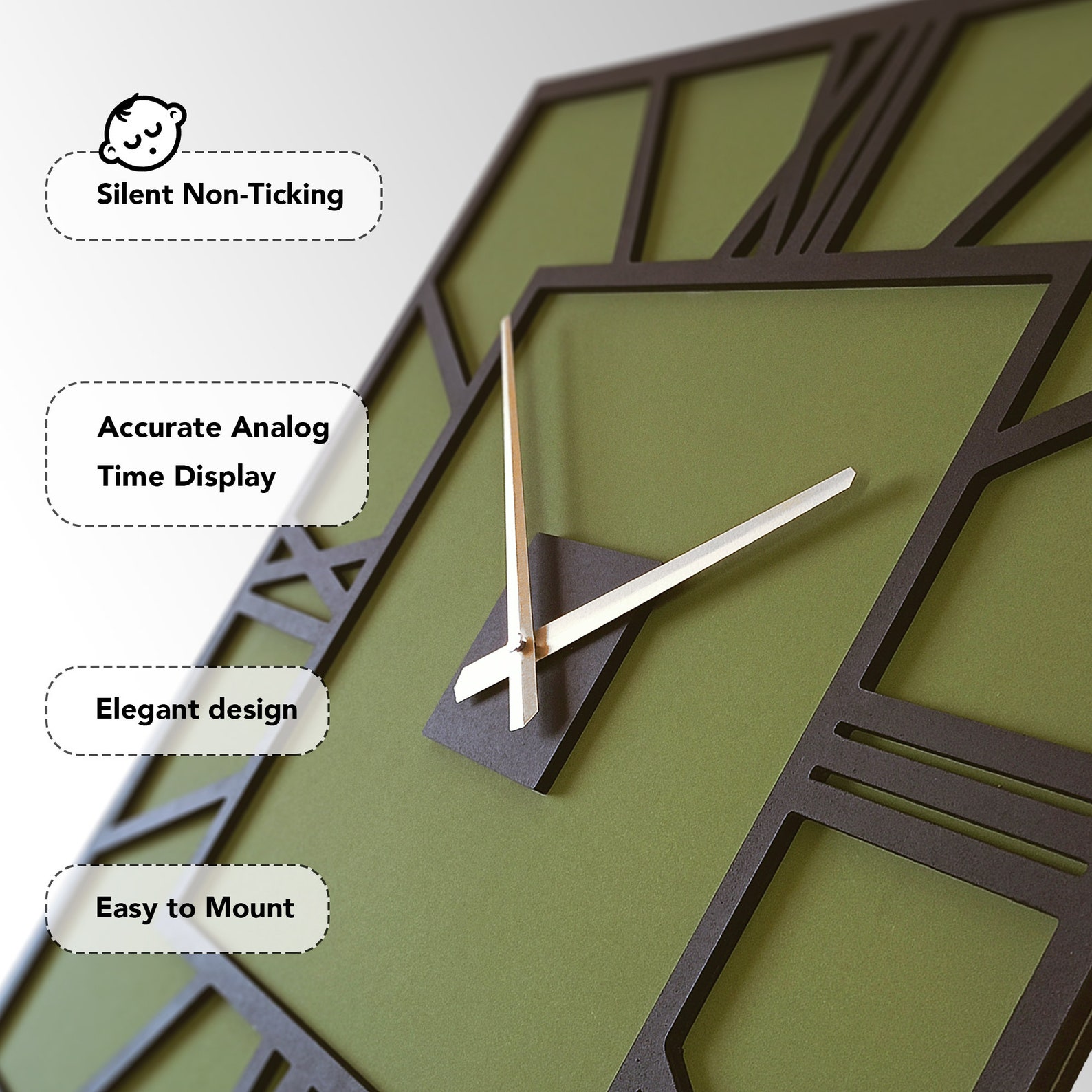 Green Large Square Analog Wall Clock, Roman Numeral Large Wooden Wall ...