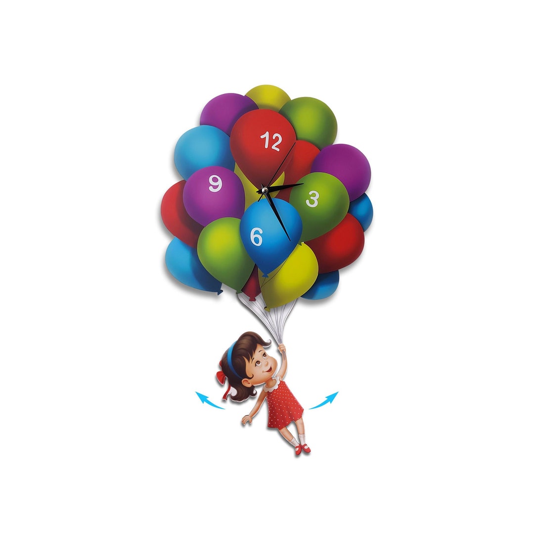 Ballons and Girl Swinging Pendulum Wall Clock, Kids Analog Clock ...
