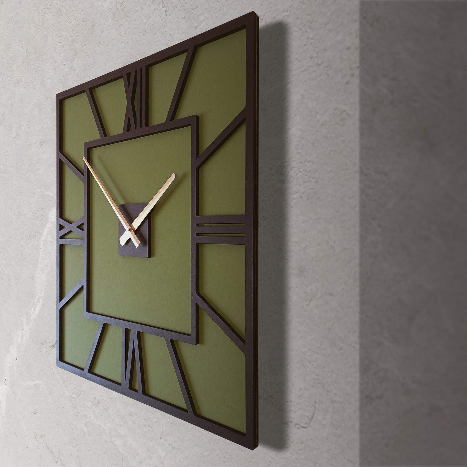 Green Large Square Analog Wall Clock, Roman Numeral Large Wooden Wall ...