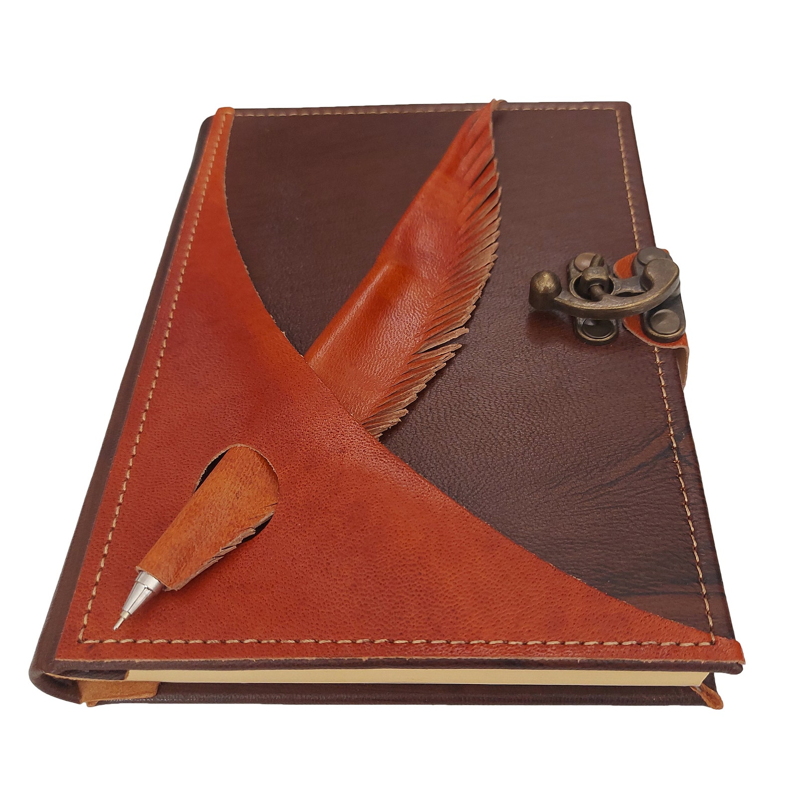Leather Notebook Feather Figured Leather Covered Pen 9x6.7 in - Etsy
