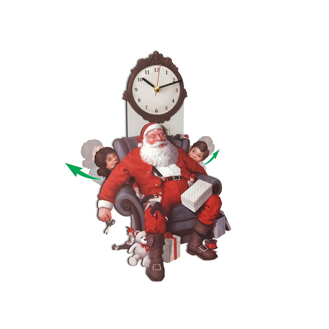 Santa Claus and Kids Pendulum Swinging Wall Clock, Christmas Elves ...