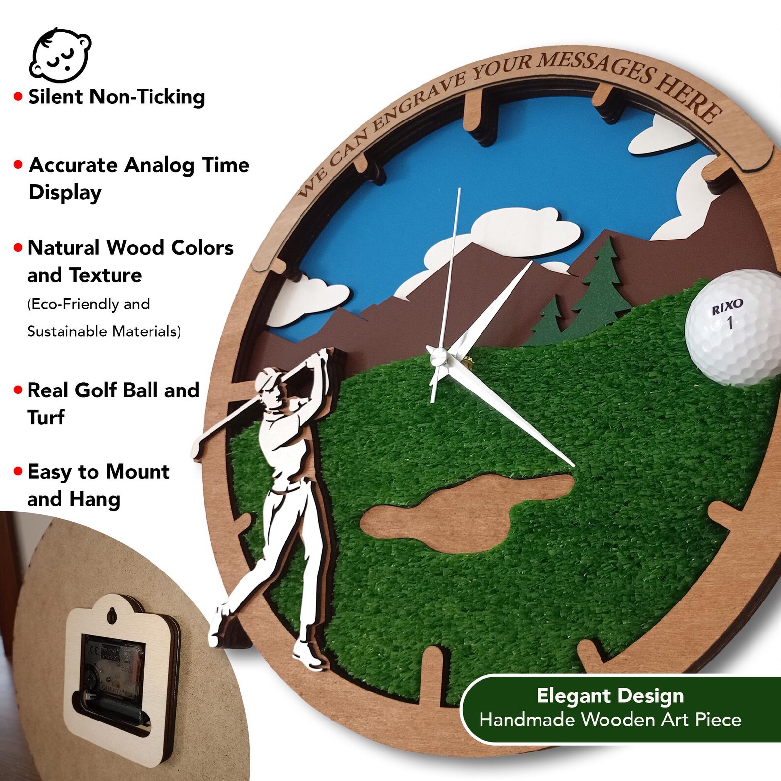 Custom Golf Gift Handmade Wooden Wall Clock With Real Golf Ball and ...