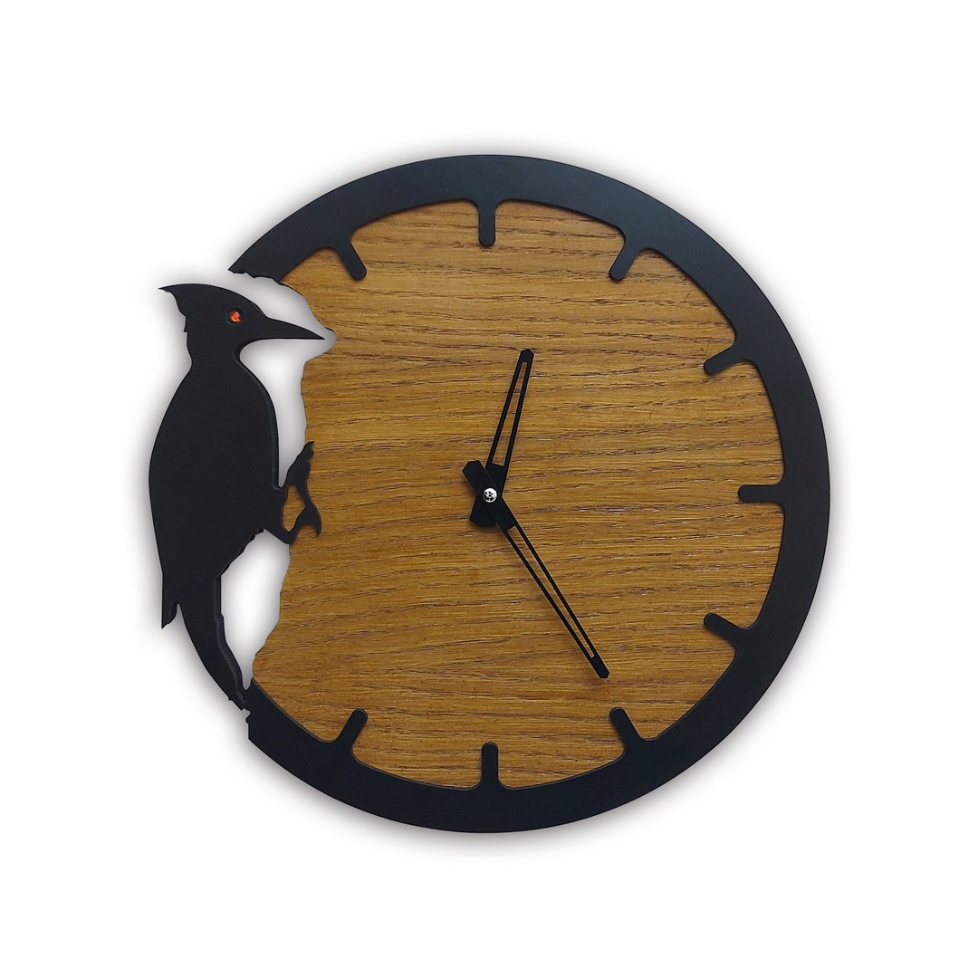Wooden Woodpecker Wall Clock, Oak Veneer Wood Panel Wall Clock, 20 ...