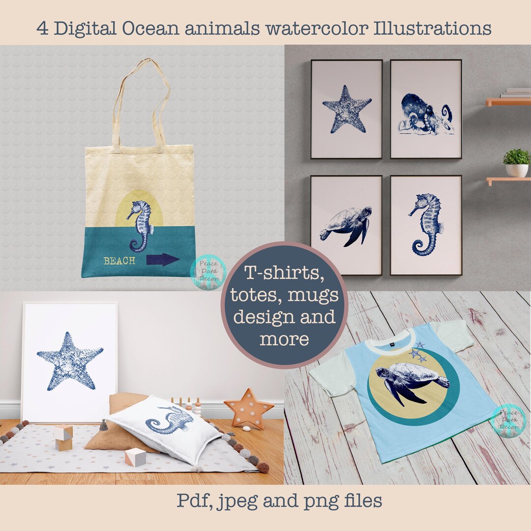 4 Digital Ocean Animals PNG - Etsy
