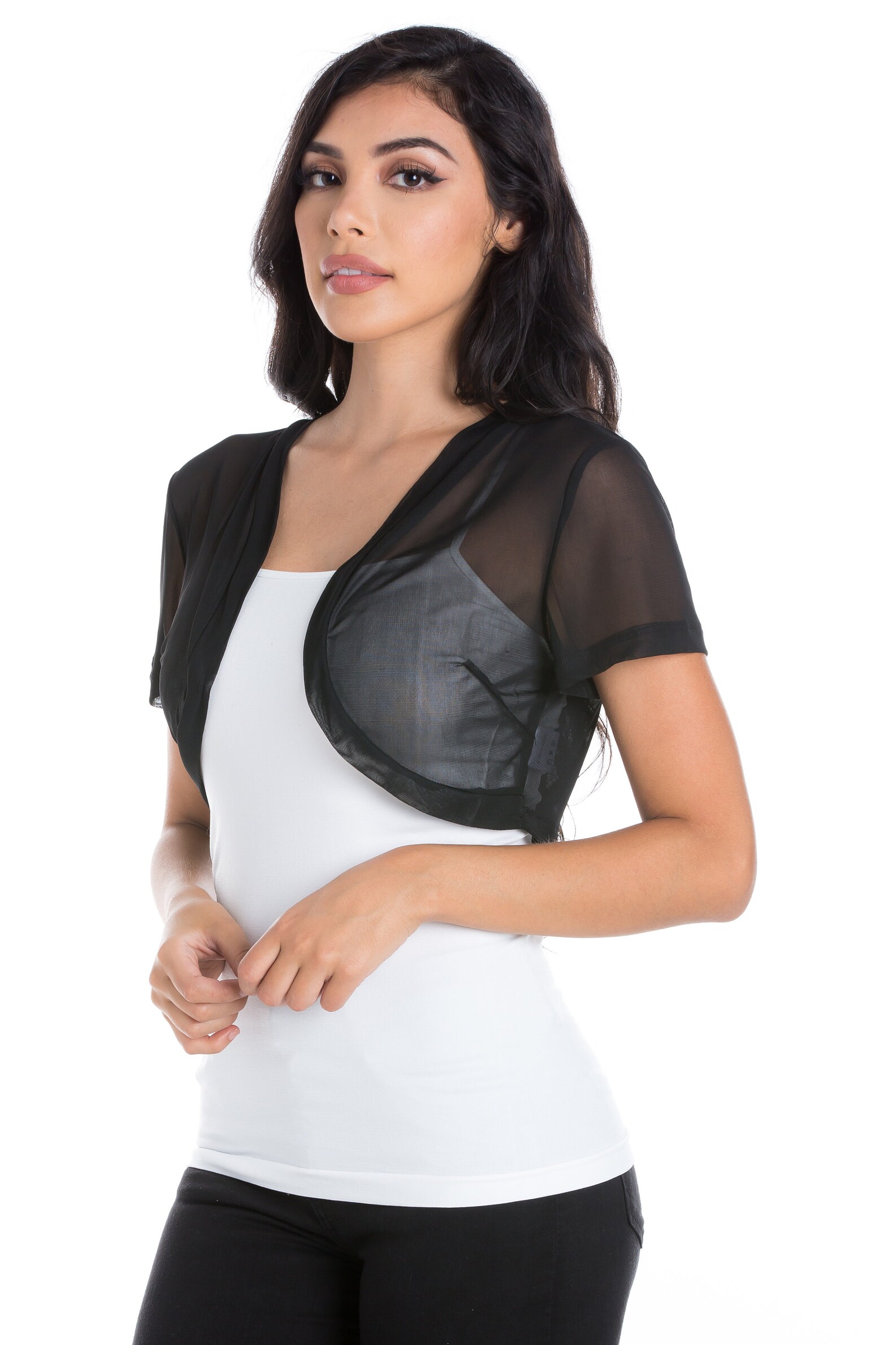 Black Women Chiffon Bolero Shrug Short Sleeve Cropped Open Front ...