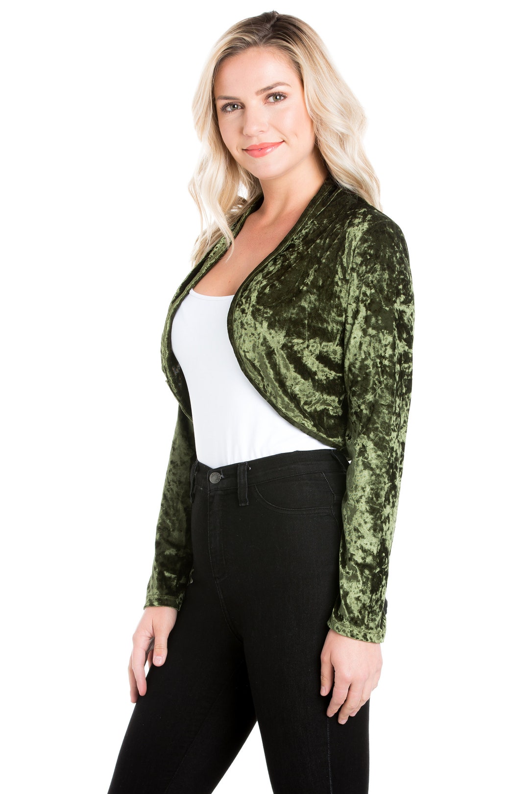 Women Long Sleeve Olive Collarless Opened Velvet Velour Bolero Shrug ...
