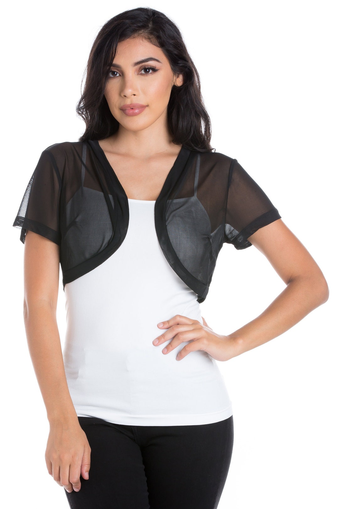 Black Women Chiffon Bolero Shrug Short Sleeve Cropped Open Front ...