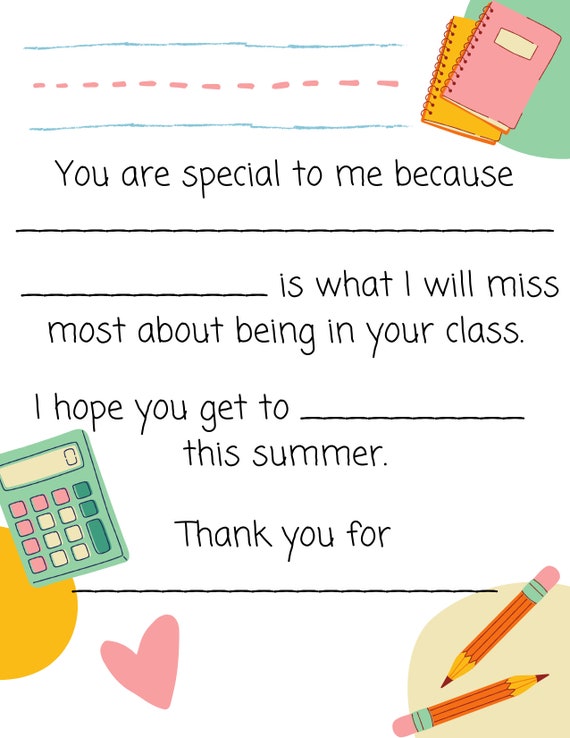 Teacher Fill-in-the Blank Printable Card End of the Year | Etsy