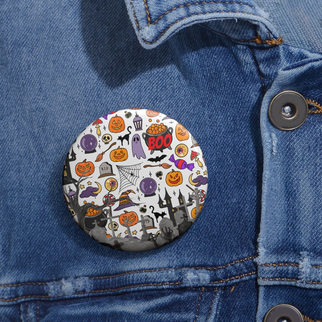 Cute Spooky Halloween Boo Button, Cemetery Ghost, Pumpkins, Bats, Candy ...
