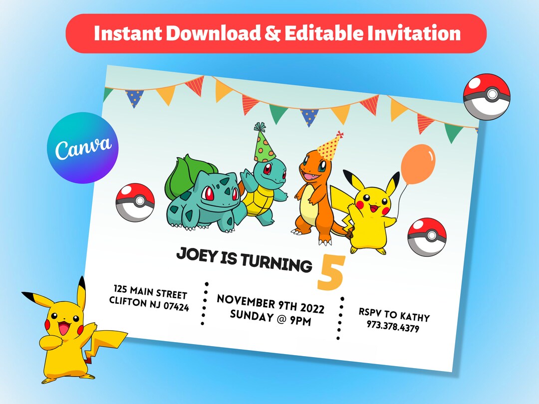 Invitación de cumpleaños imprimible / invitación de Pikachu ...