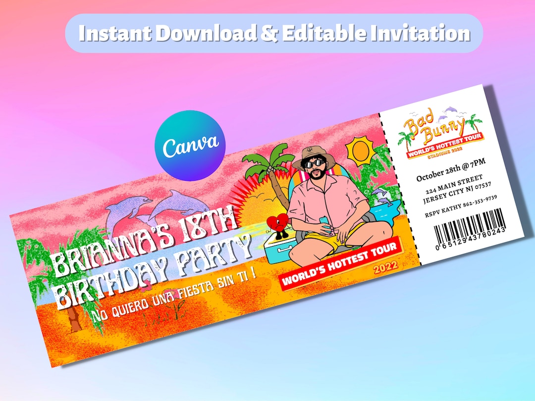 Bad Bunny Concert Ticket Template Personalized World's Hottest Tour - Etsy