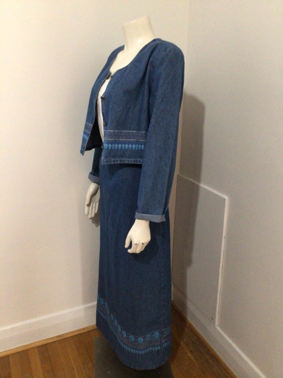 Vintage denim 2 pc. Maxi skirt and jacket. Print bord… - Gem