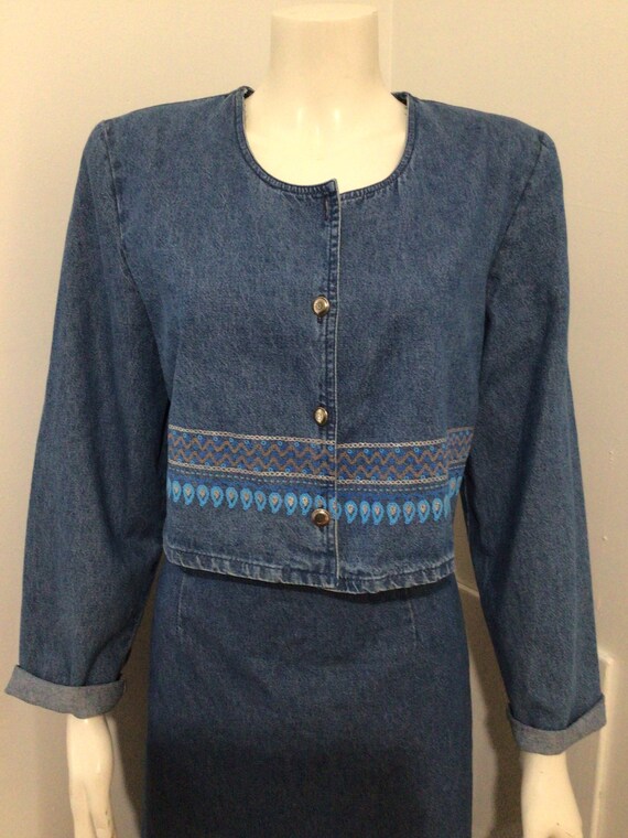 Vintage denim 2 pc. Maxi skirt and jacket. Print bord… - Gem