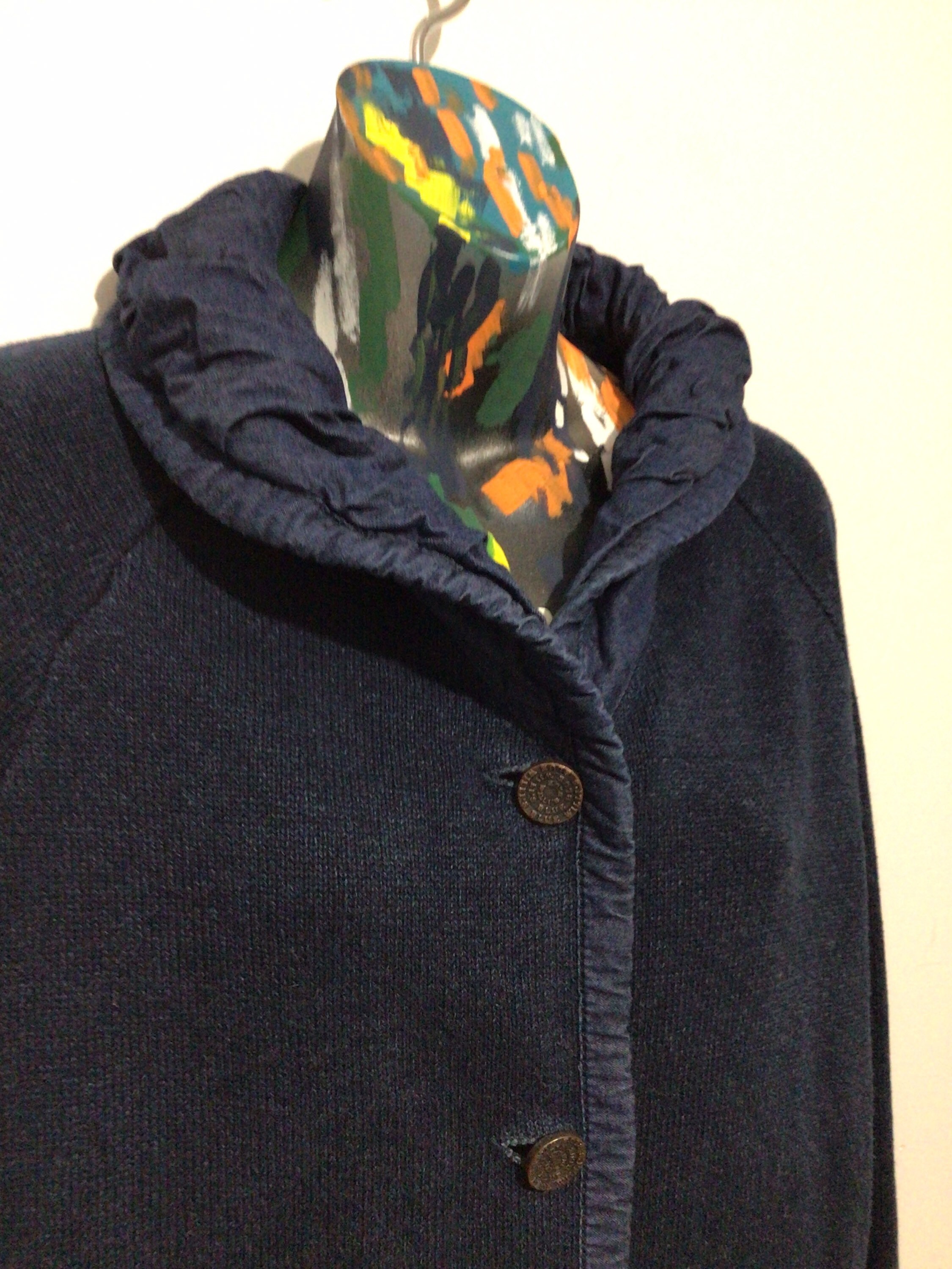 Blue Willis Woman’s Cardigan Knit Sweater. Cotton Denim Ruching Collar ...