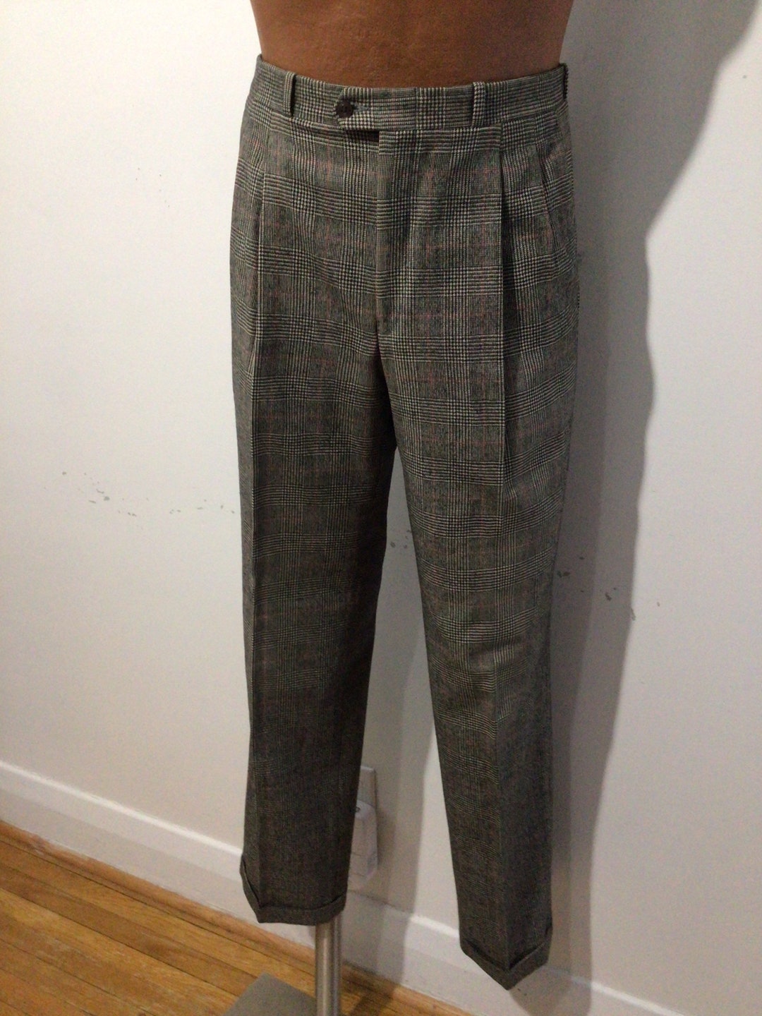 Vintage Men’s Plaid, Check Dress Pants With Cuffs, High Waist, Centre ...