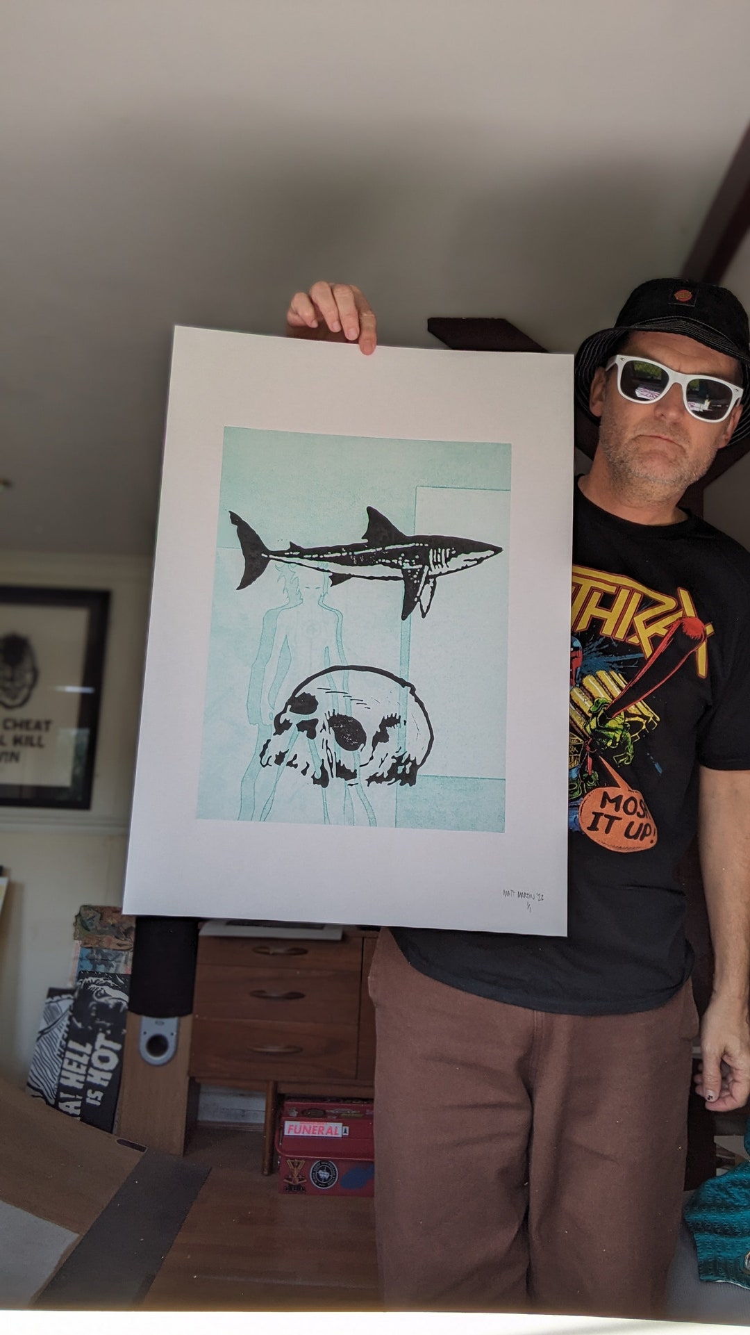 Cyan Shark: Original Lino and Monoprint, Unique, One-off Artworked ...