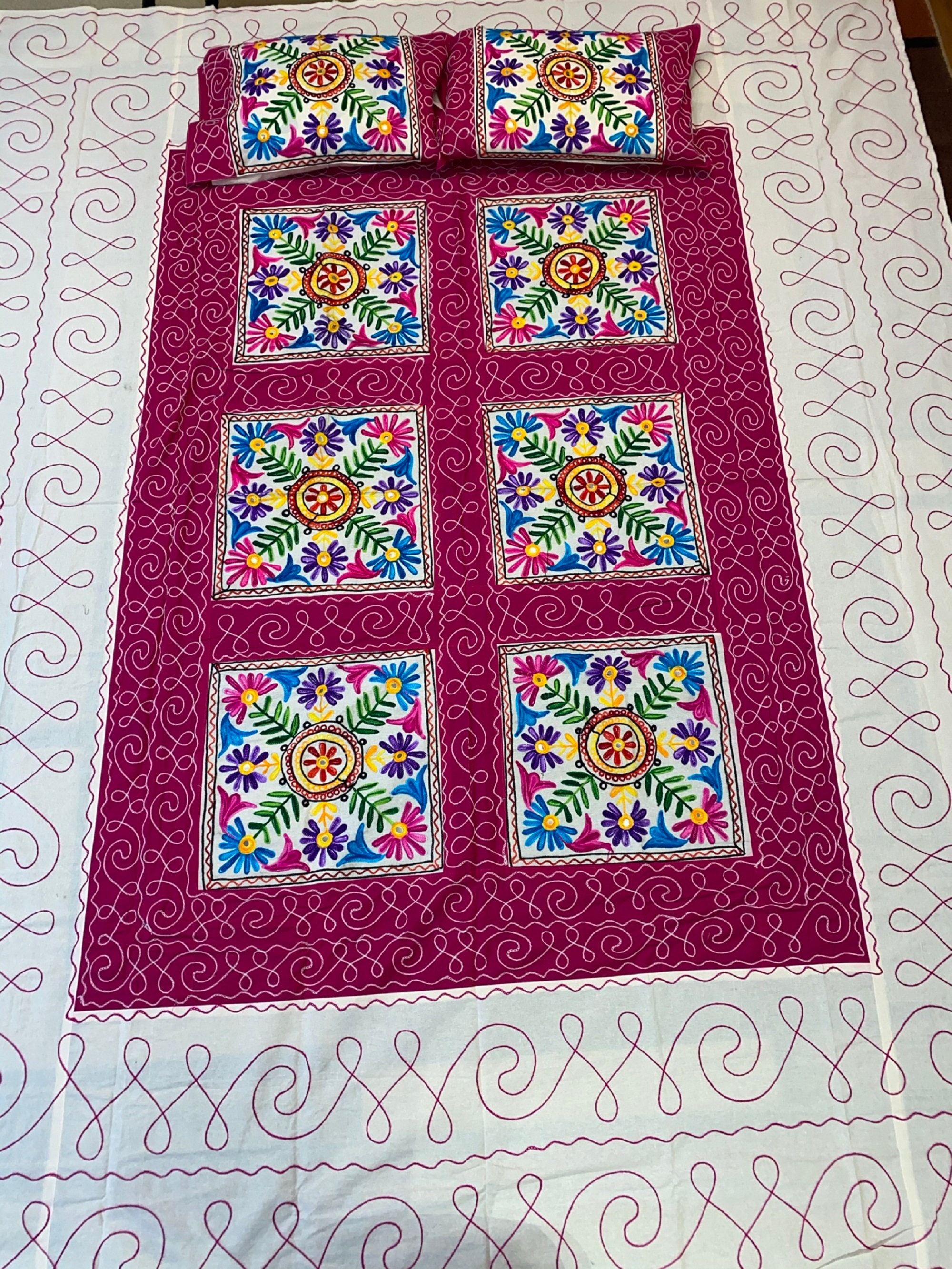 3 Piece Queen Size Hand Embroidered Flat Sheet, Kutch Flat Sheet ...