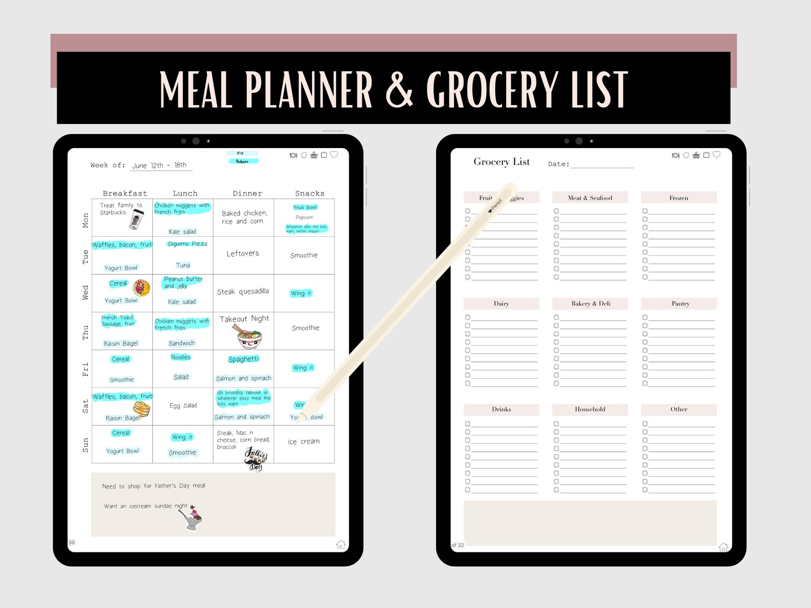 Meal Planner and Grocery List, Goodnotes Meal Planner, Daily Meal ...