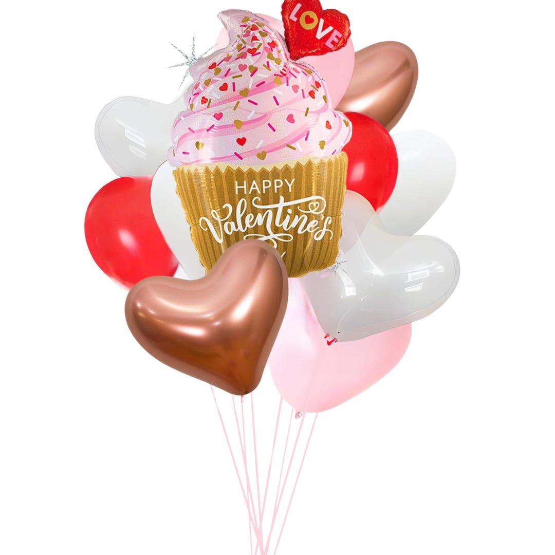 Valentine's Cupcake Heart Balloon Bouquet Kit (11 Pack), Valentine's ...