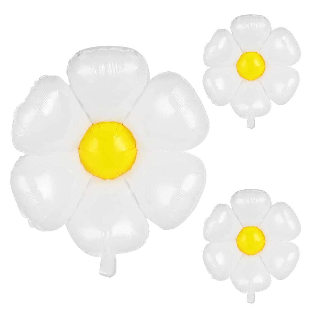 White and Yellow Daisy Flower Balloon (3-pack), Groovy Daisy Mylar Foil ...