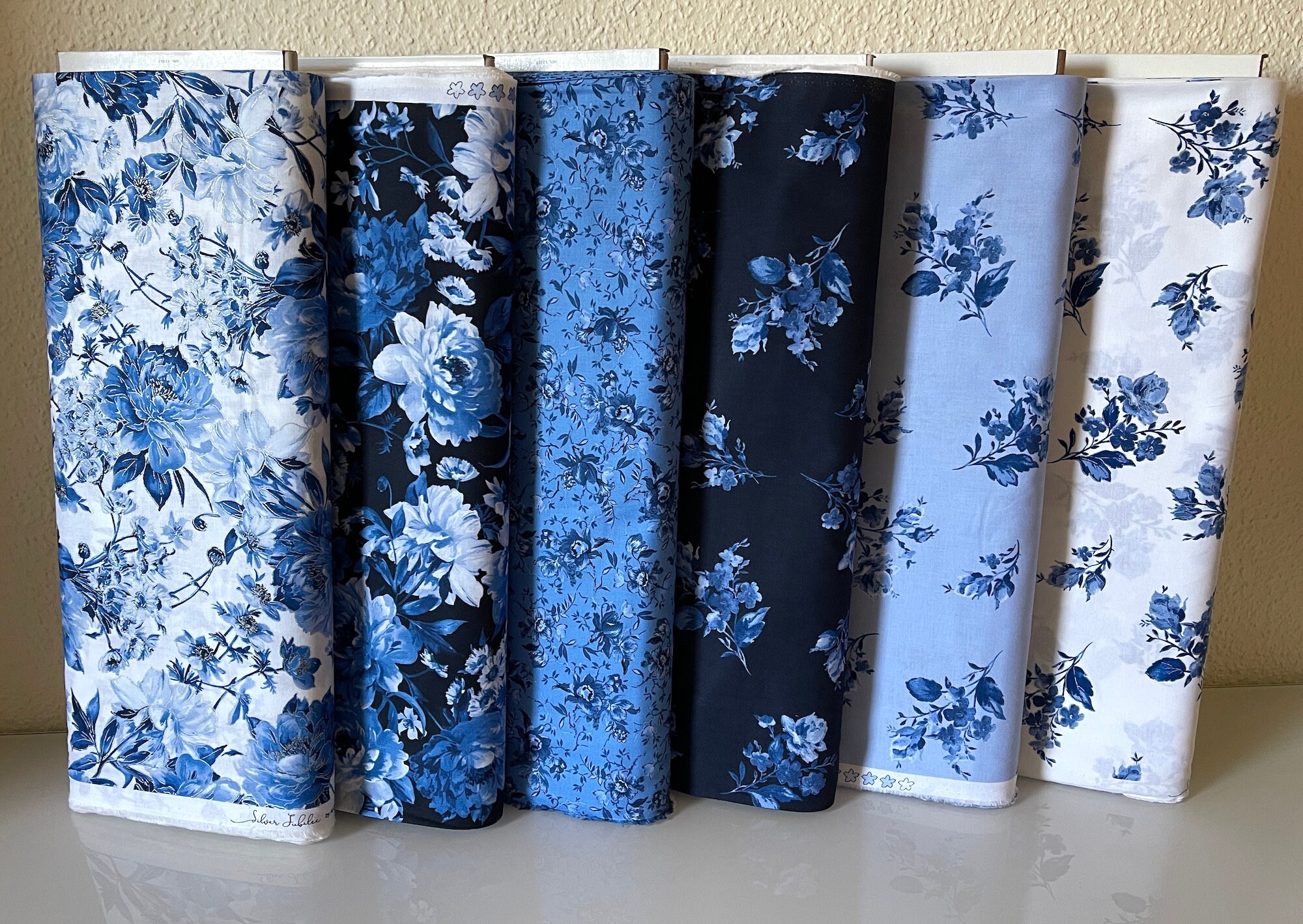 Patchwork fabric blue flowers on medium blue | Etsy