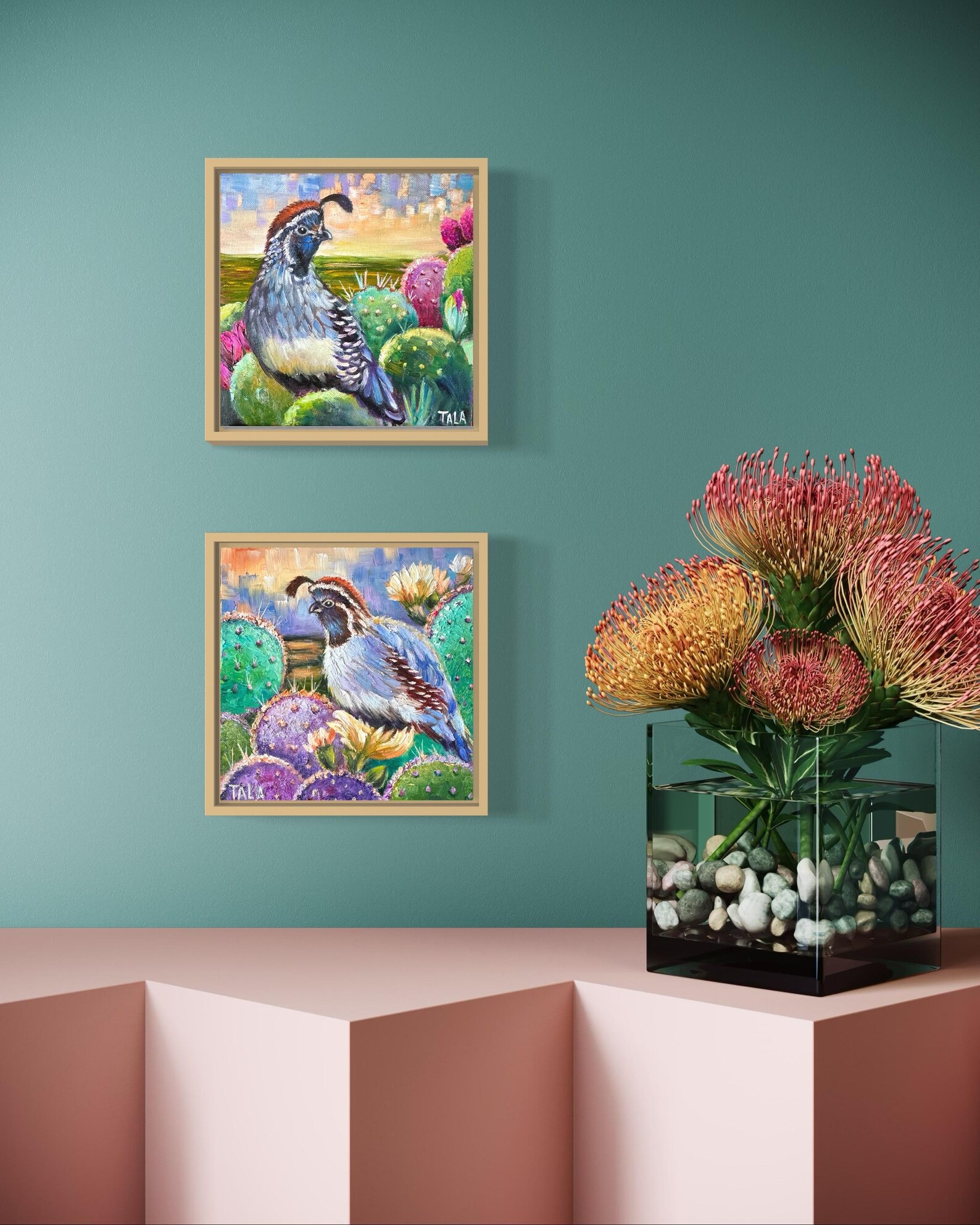 Quail and Cactus at the Sunset Original Oil Painting Handmade Wall ...