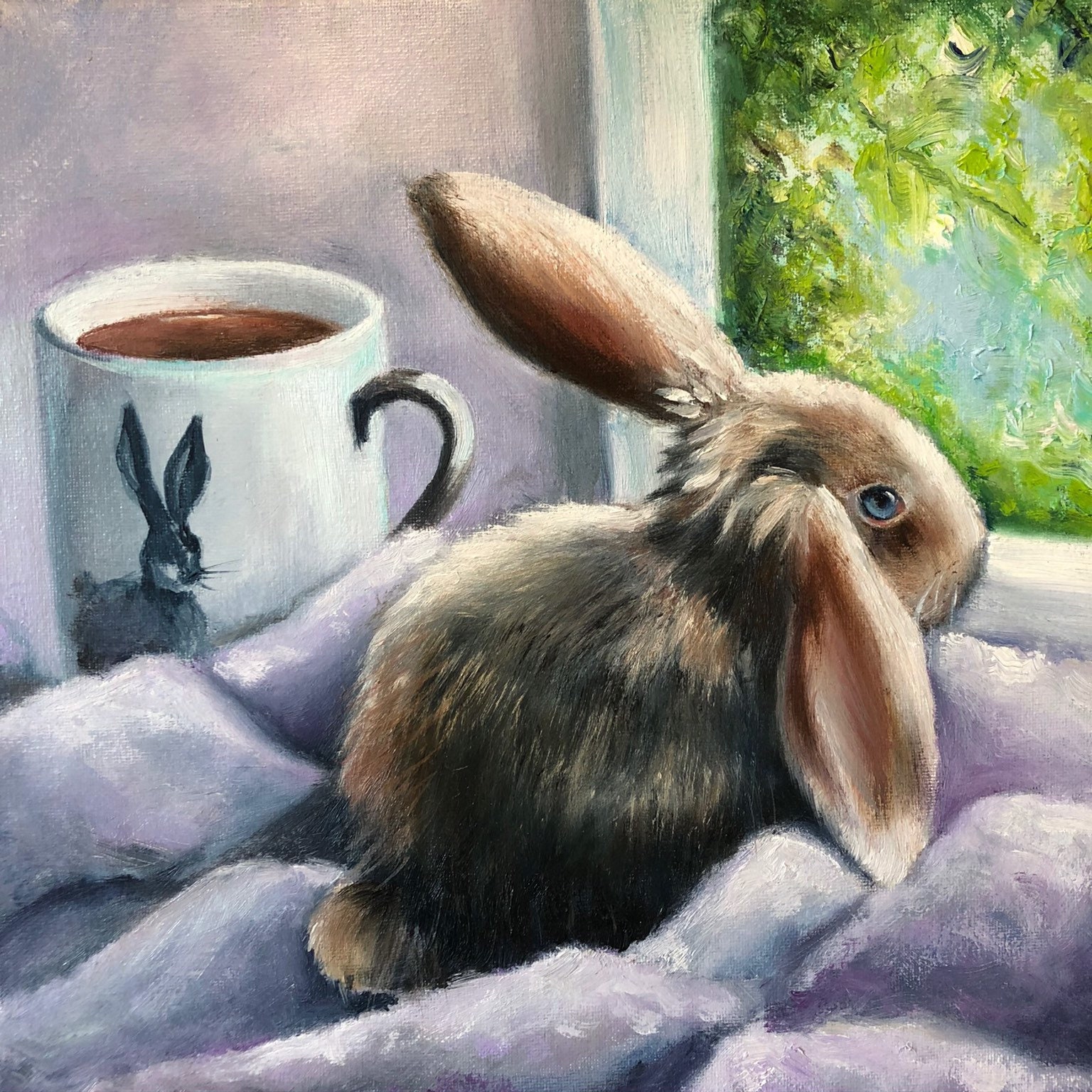 Morning coffee with bunny rabbit. Original oil painting 12x12 | Etsy