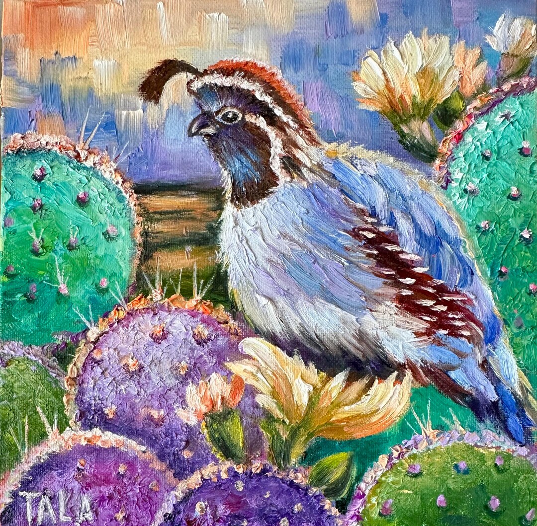 Quail and Cactus at the Sunset Original Oil Painting Handmade Wall ...