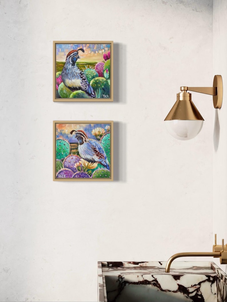Quail and Cactus at the Sunset Original Oil Painting Handmade Wall ...
