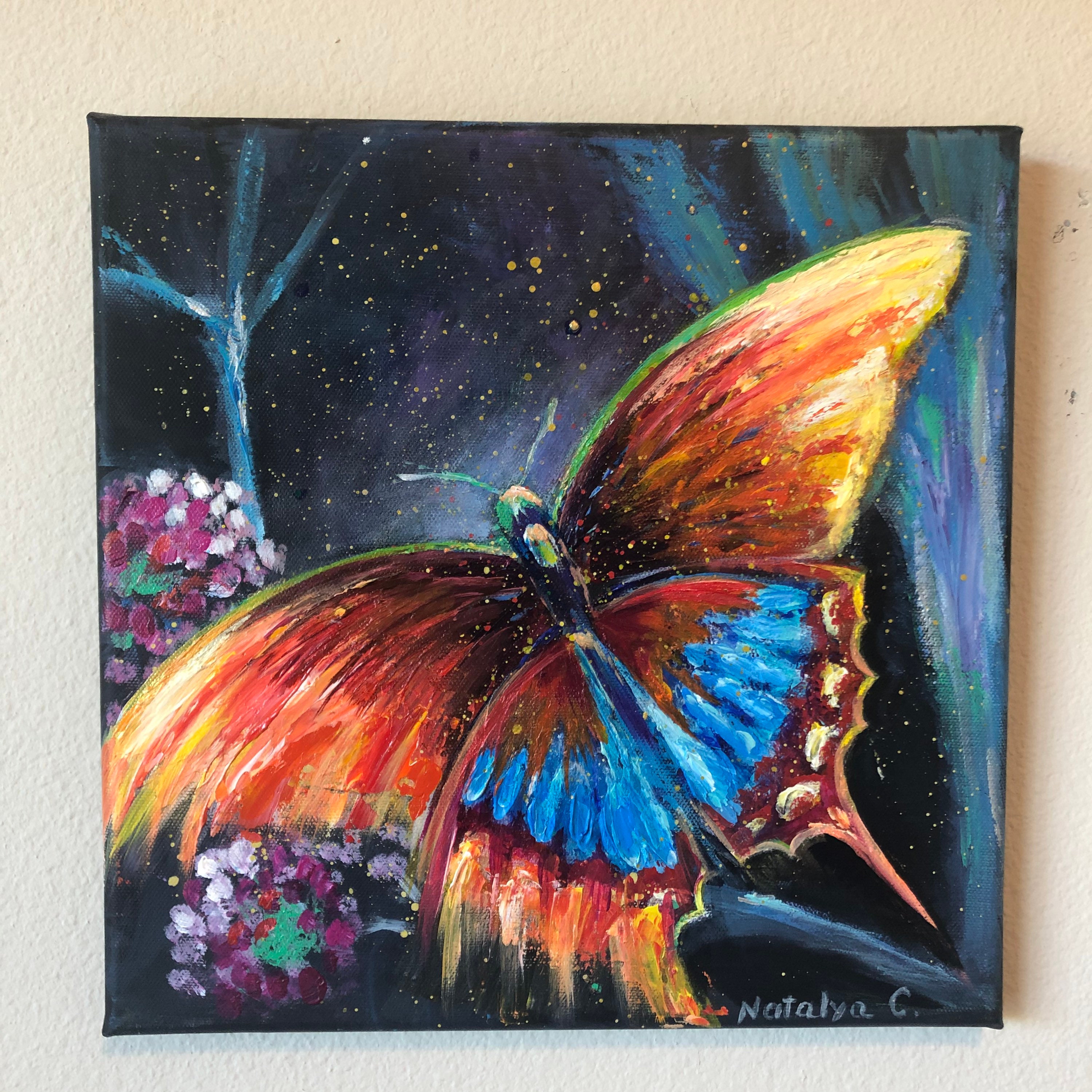 Rainbow butterfly bright beautiful insect at night. Acrylic - Etsy.de