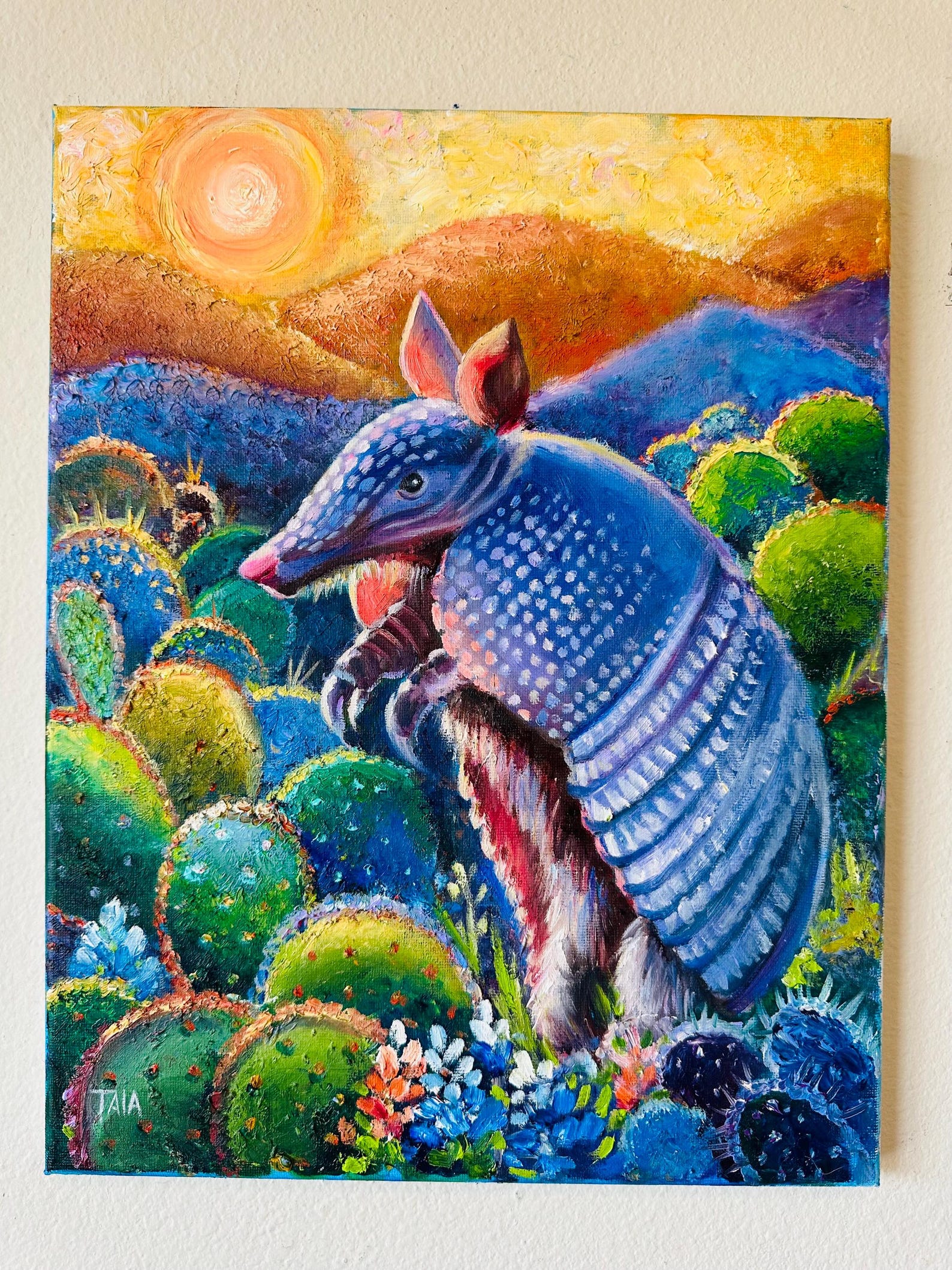 Hand Painted Texas Armadillo Art: Cactus & Bluebonnets, Framed Oil ...