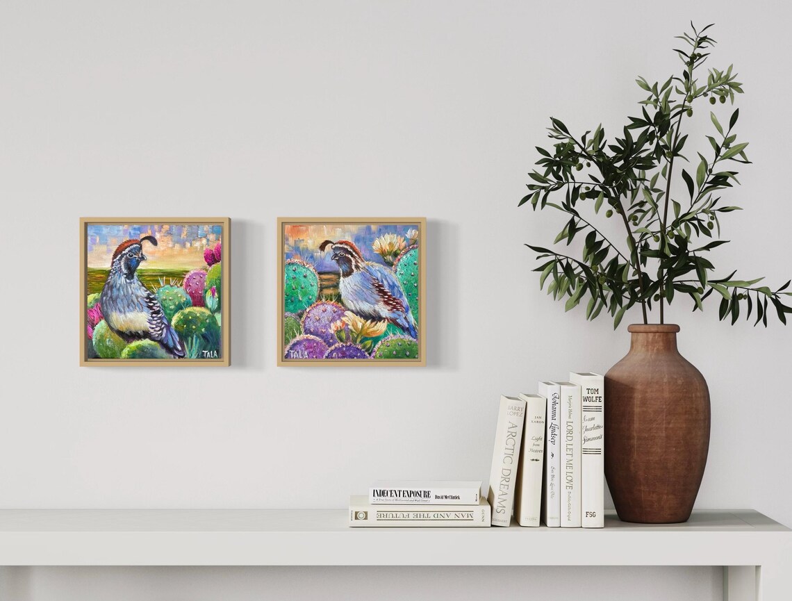 Quail and Cactus at the Sunset Original Oil Painting Handmade Wall ...