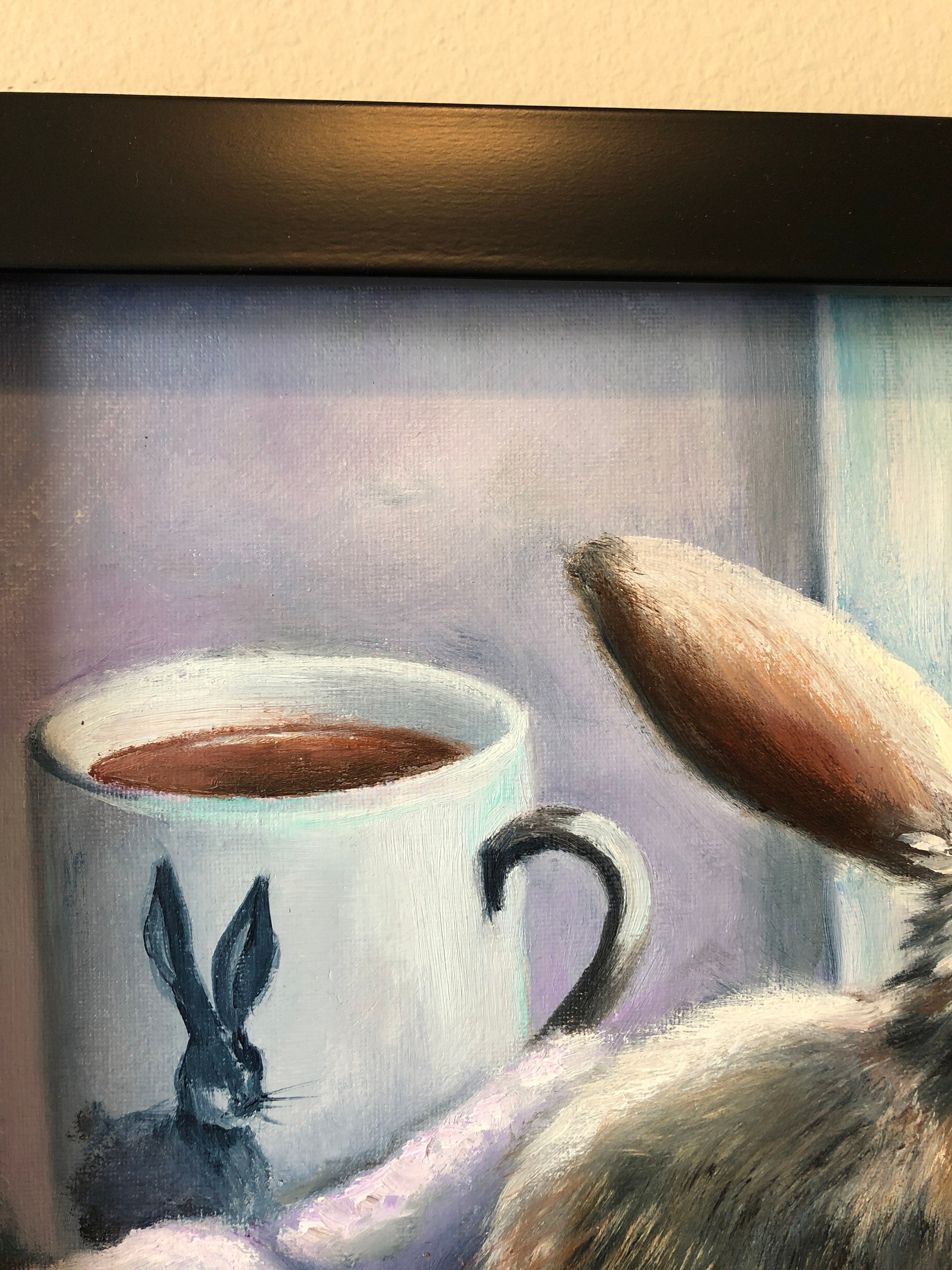 Morning coffee with bunny rabbit. Original oil painting 12x12 | Etsy