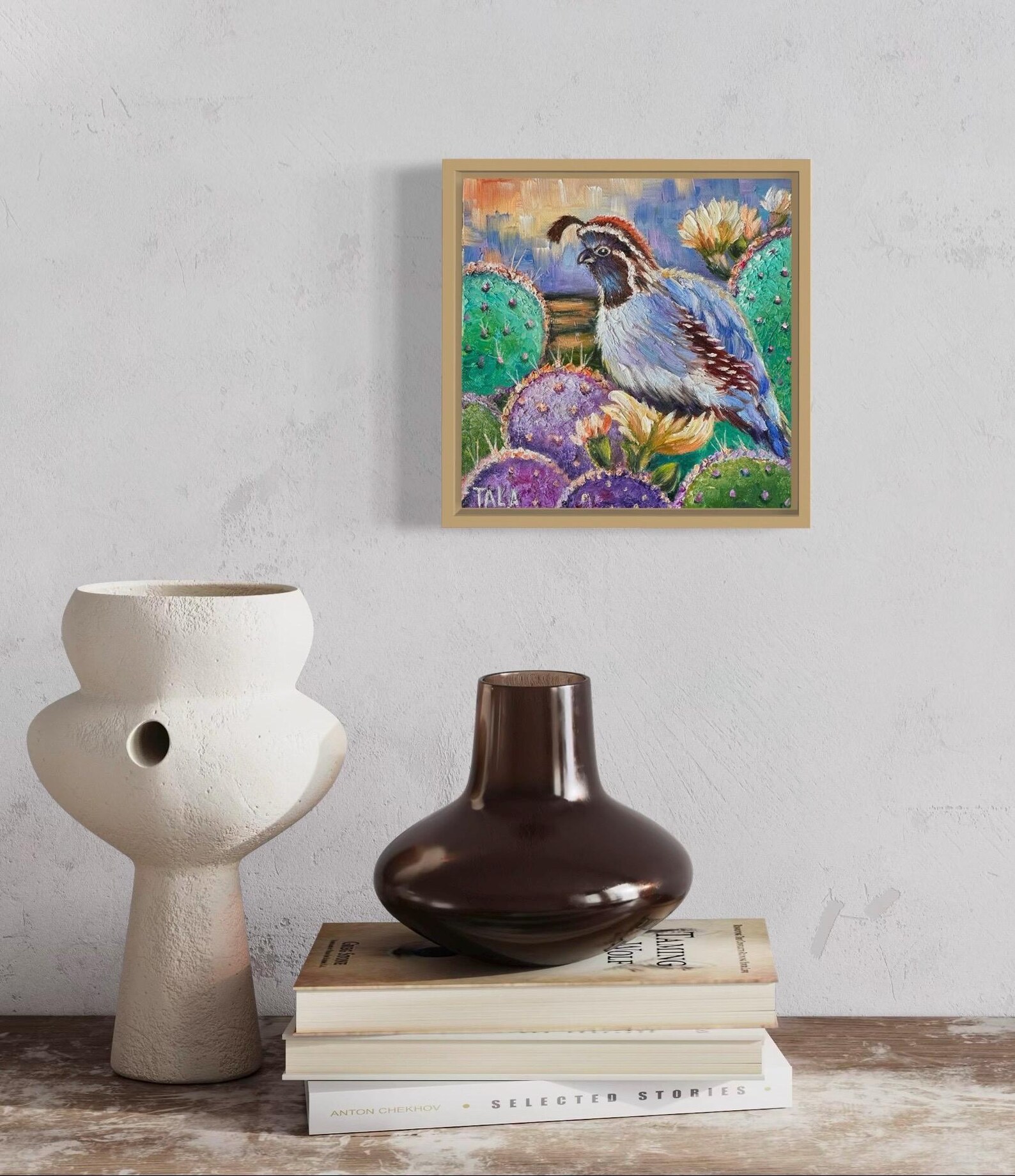 Quail and Cactus at the Sunset Original Oil Painting Handmade Wall ...
