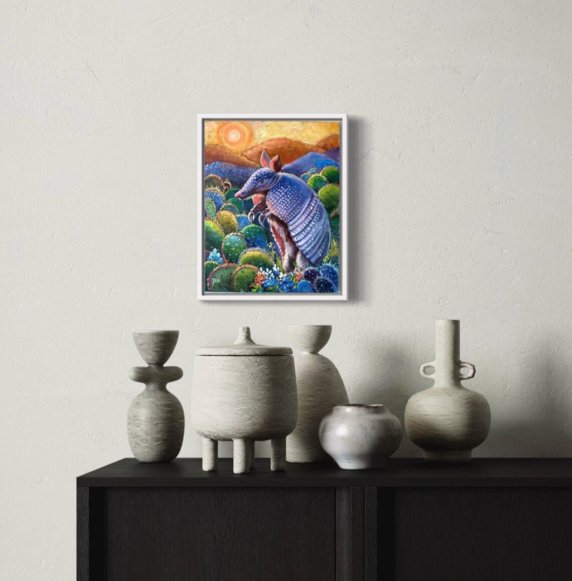 Hand Painted Texas Armadillo Art: Cactus & Bluebonnets, Framed Oil ...