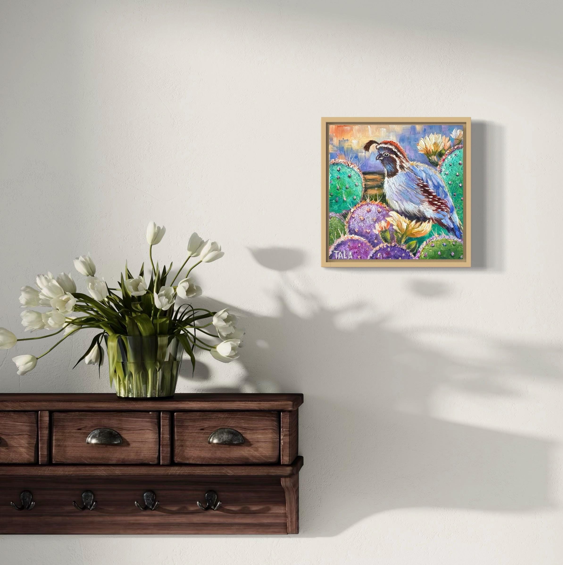 Quail and Cactus at the Sunset Original Oil Painting Handmade Wall ...