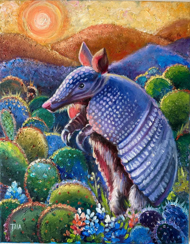 Hand Painted Texas Armadillo Art: Cactus & Bluebonnets, Framed Oil ...