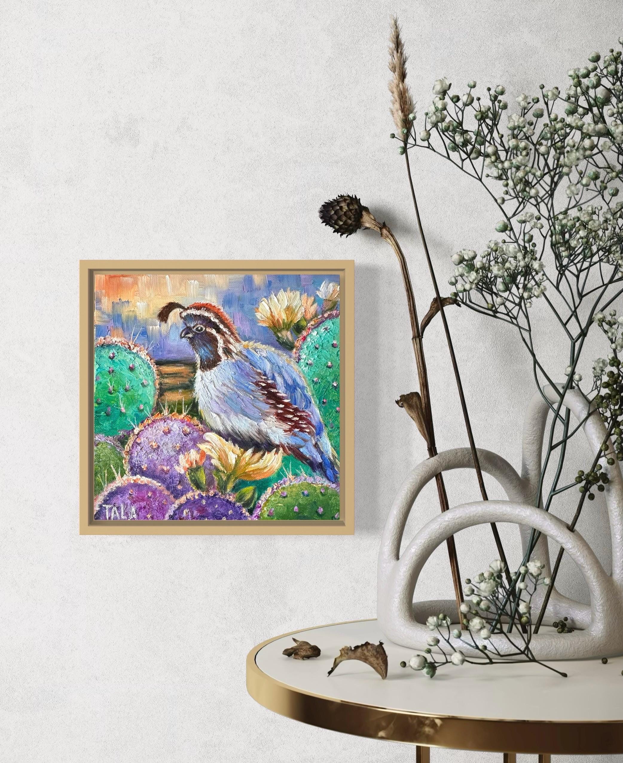 Quail and Cactus at the Sunset Original Oil Painting Handmade Wall ...
