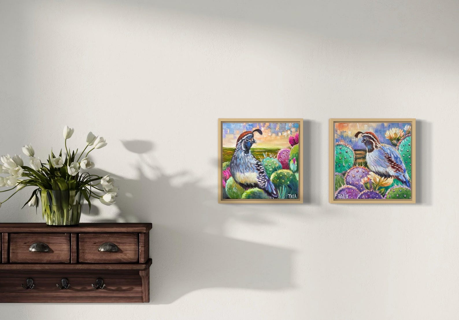 Quail and Cactus at the Sunset Original Oil Painting Handmade Wall ...