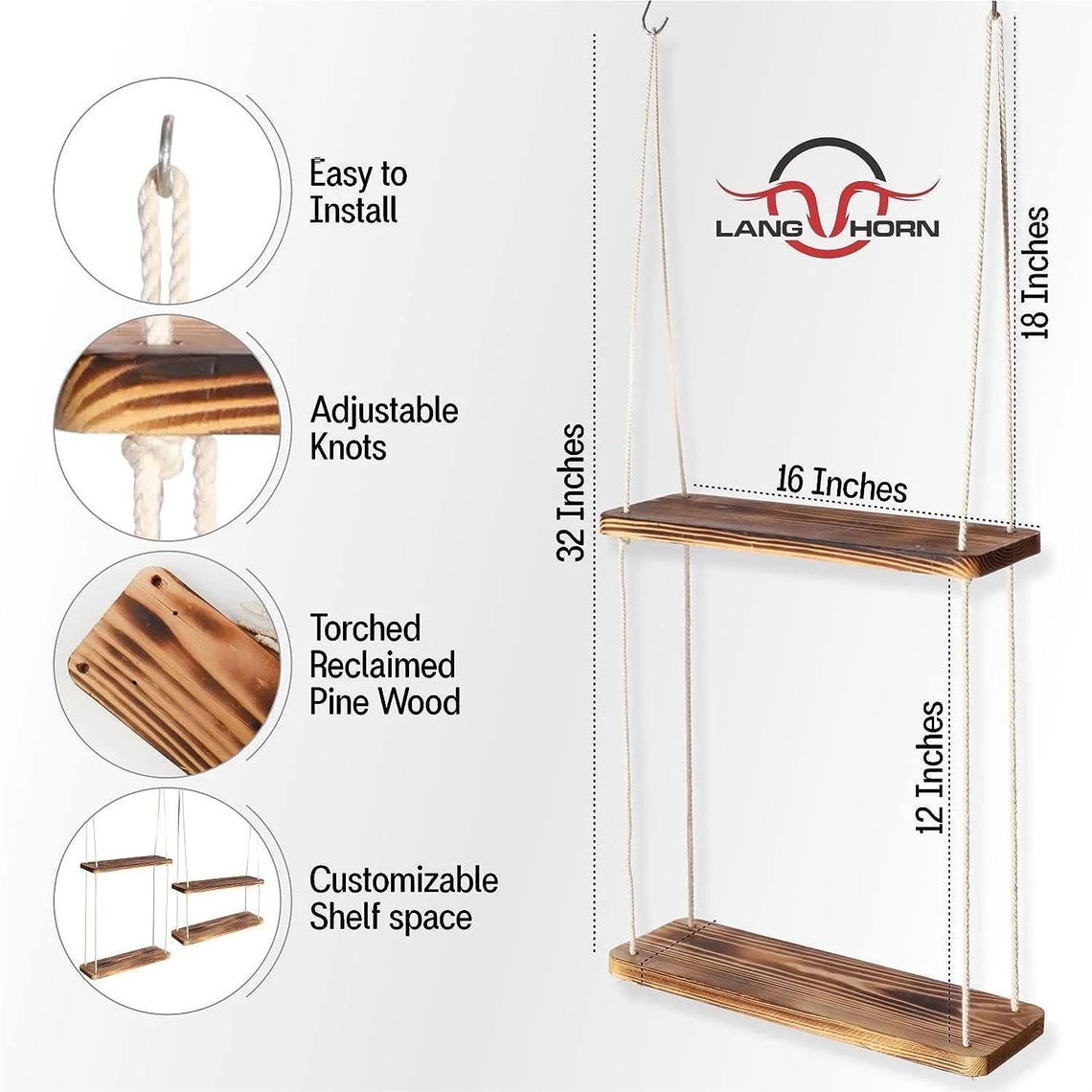 2 Tier Rustic Hanging Rope Shelf | Handmade Shelf With Jute Rope or ...