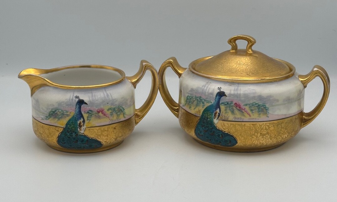 Antique 1919-1922, Pickard Etched China, Sugar and Creamer, Peacock ...