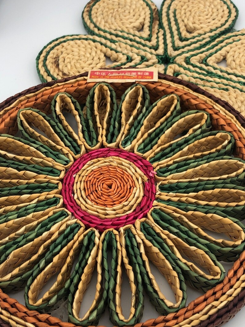 Vintage Set of Two 2 Woven Straw Hot Pad, Trivets, China, Mexico, Boho ...