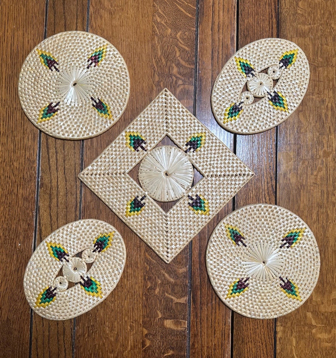 Vintage 1970s, Set of Five (5), Straw Trivets, Native Patterns, Woven Trivet, Square Oval Round ...